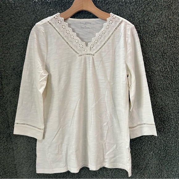 Talbots | Tops | Talbots Cream Eyelet Lace Detail 34 Sleeve Pullover Top Vneck Medium Petite ...
